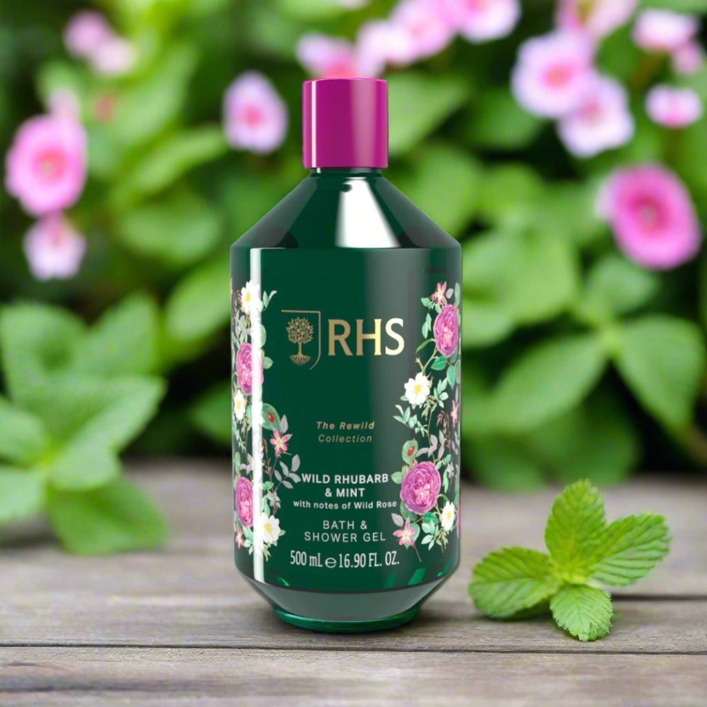 RHS The Rewild Collection- Wild Rhubarb & Mint, Shower Gel – Forget Me Not 247